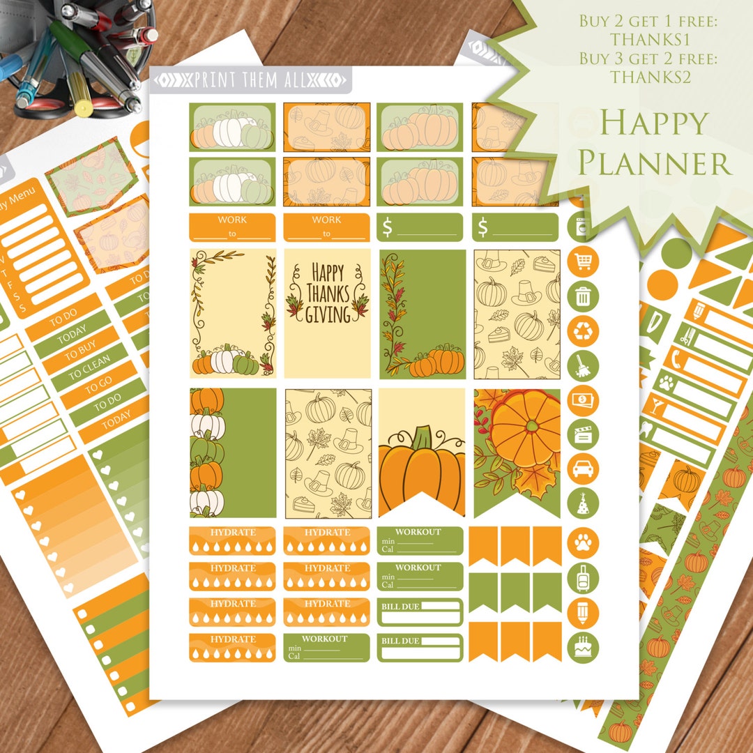 Thanksgiving Planner Stickers Printable, November Kit, HAPPY PLANNER ...