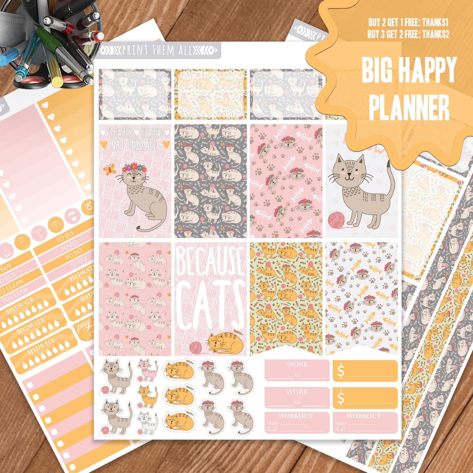 Cute Cat Planner Stickers Printable Big Happy Planner - Etsy