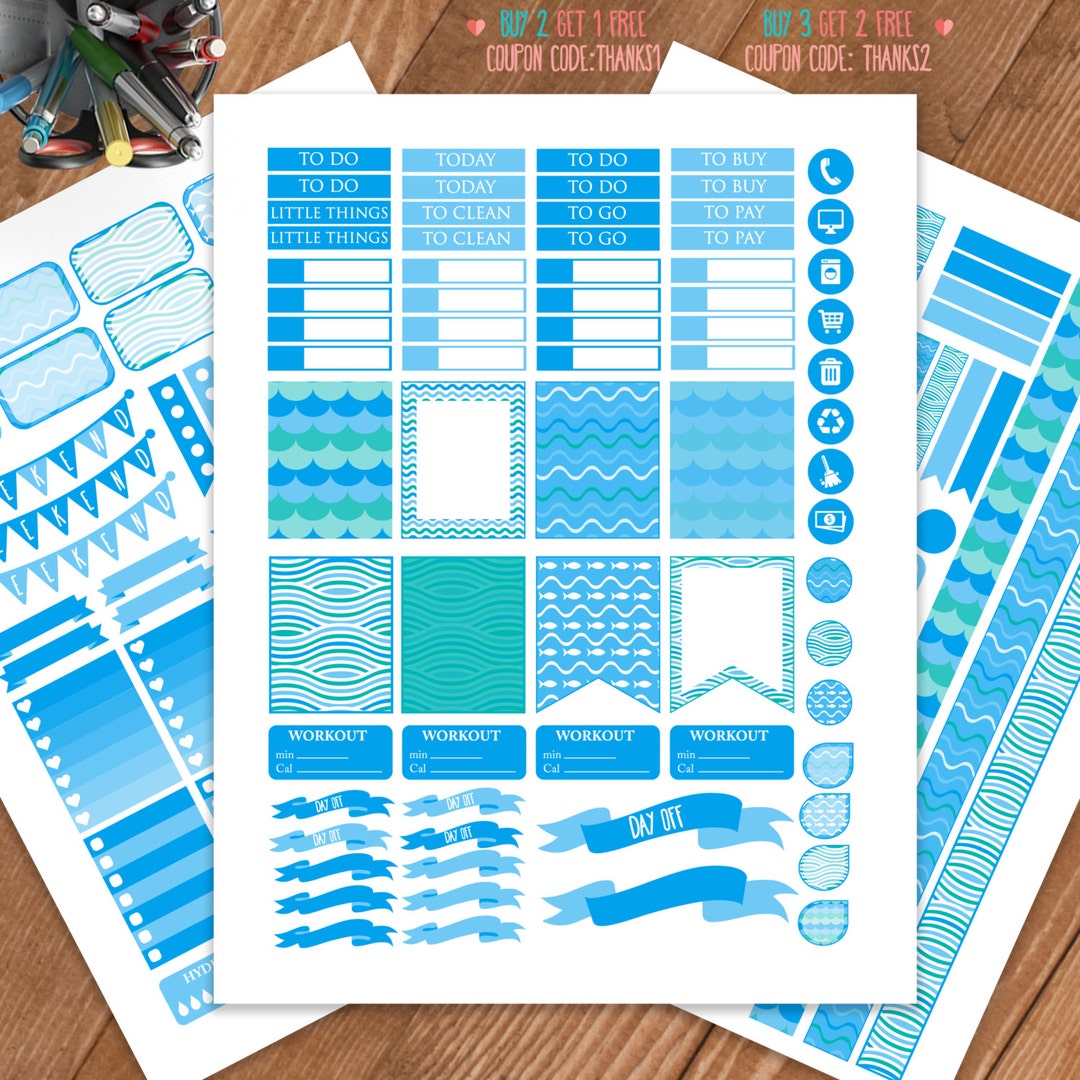 Blue Waves Planner Stickers Printable,weekly Kit, Stickers for ERIN ...