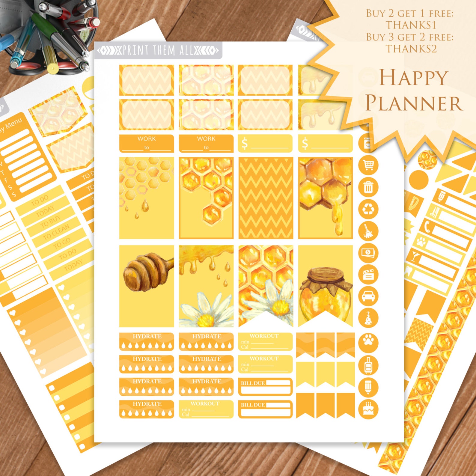 Honey Bee Planner Stickers Printable HAPPY PLANNER STICKERS | Etsy