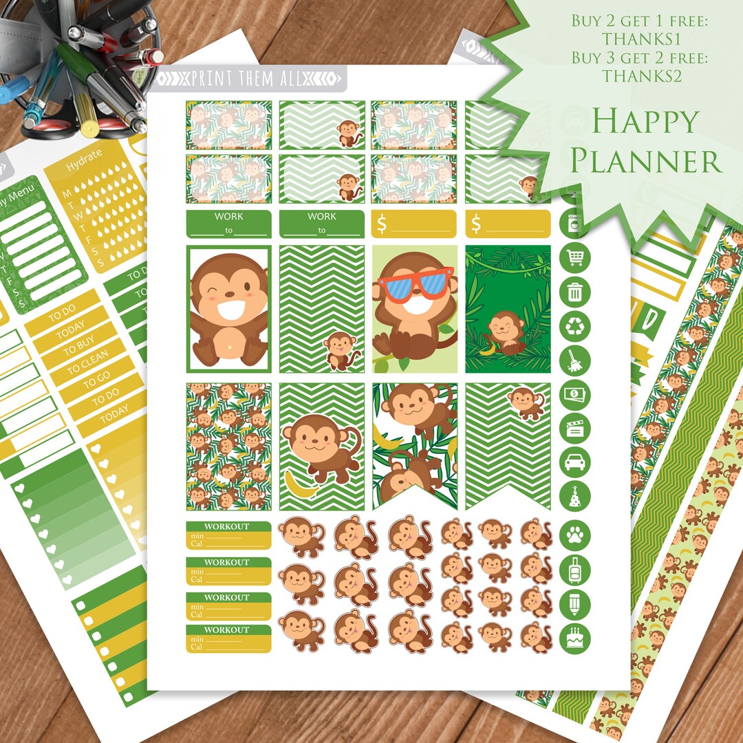 Monkey Planner Stickers Printable, HAPPY PLANNER Sticker, Monthly ...
