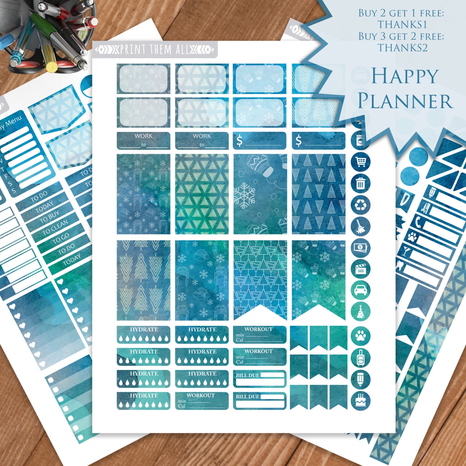 Winter Planner Stickers Printable Watercolor Kit Happy | Etsy