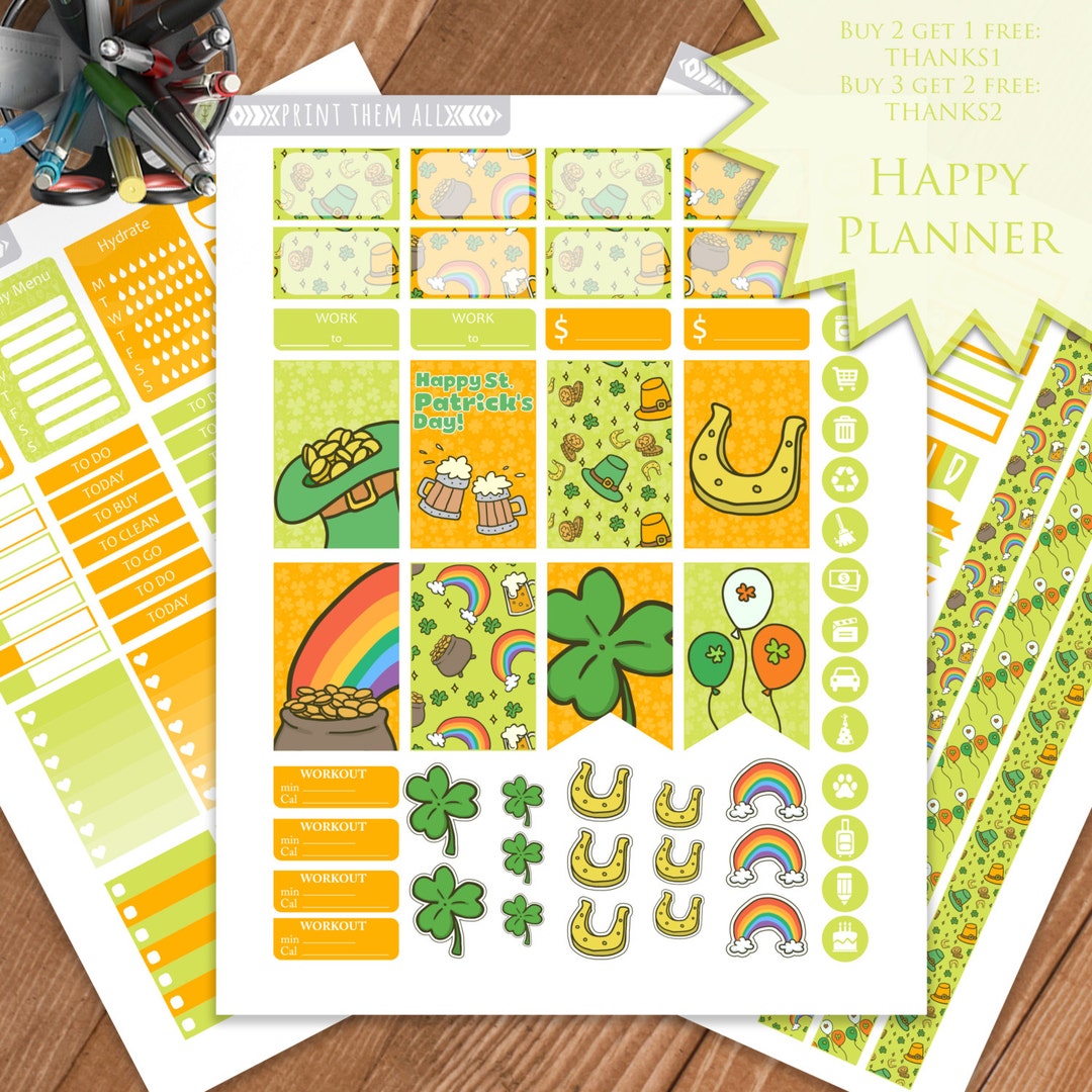 St Patrick's Day Planner Stickers Printable, March Kit, HAPPY PLANNER ...