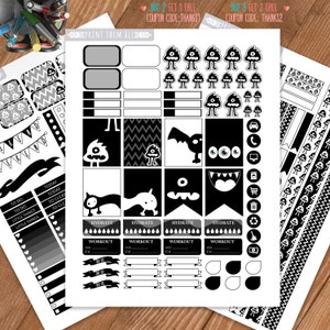 Monsters Printable Planner Stickers, Black and White Stickers, Weekly ...