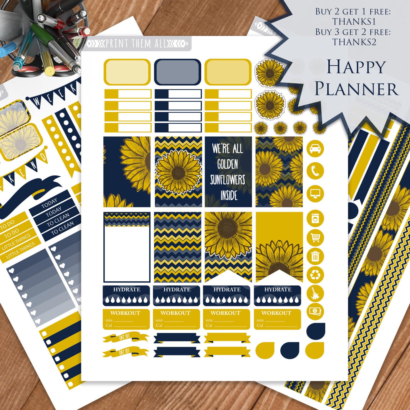 Blue Sunflower Printable Planner Stickers HAPPY PLANNER - Etsy