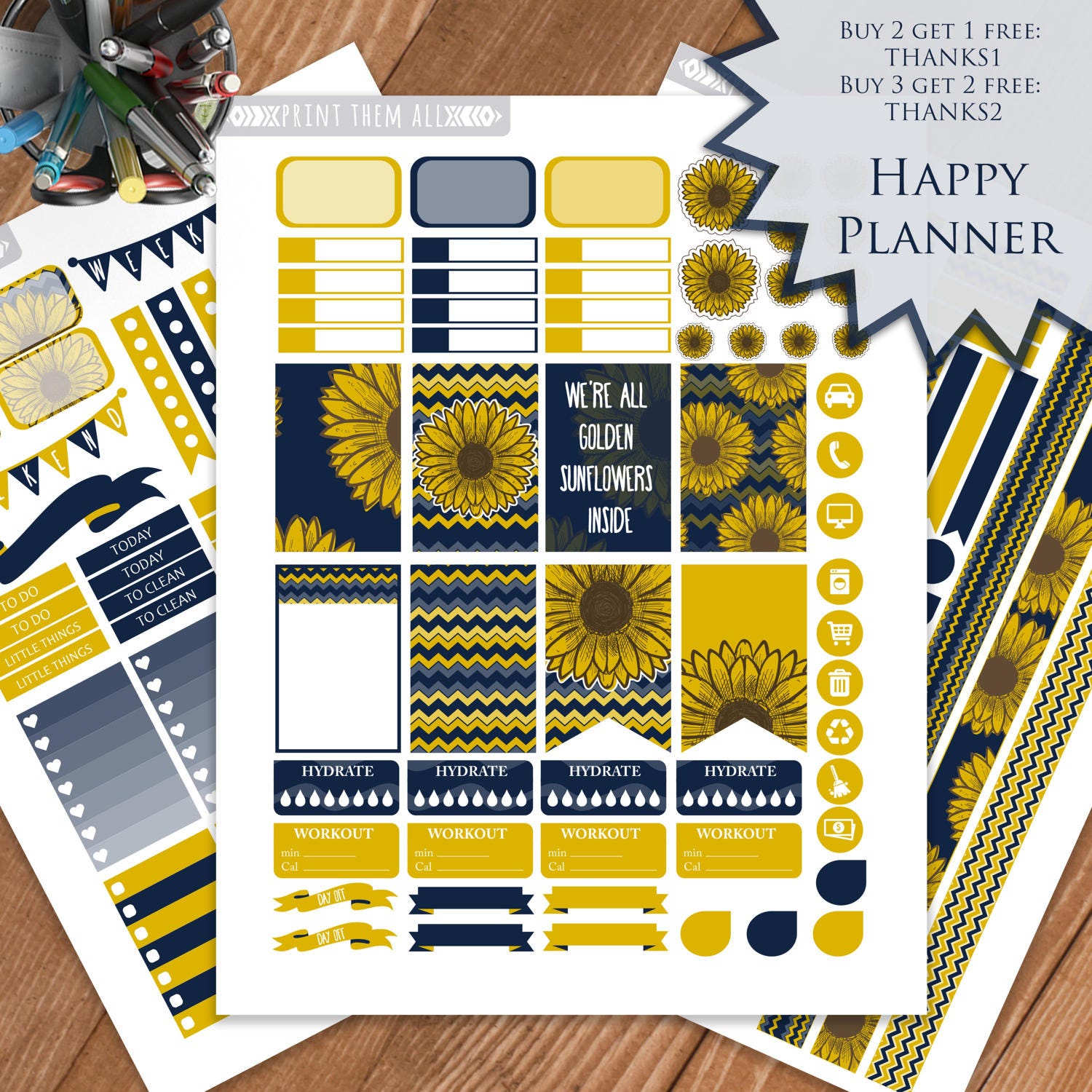 Blue Sunflower Printable Planner Stickers HAPPY PLANNER - Etsy
