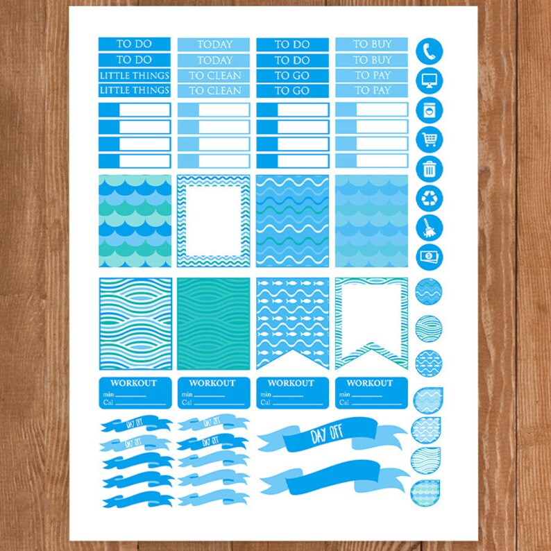 Blue Waves Planner Stickers Printableweekly Kit Stickers for - Etsy