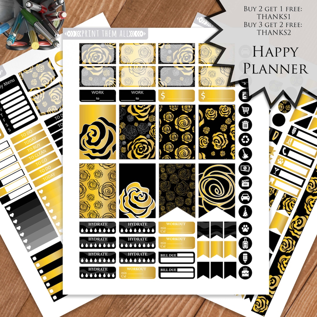 Golden Roses Planner Stickers Printable, HAPPY PLANNER Sticker, Monthly ...