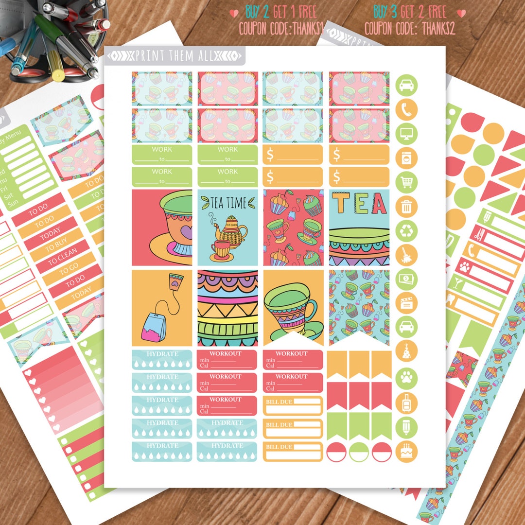 Tea Planner Stickers Printable,weekly Kit, Stickers for ERIN CONDREN ...