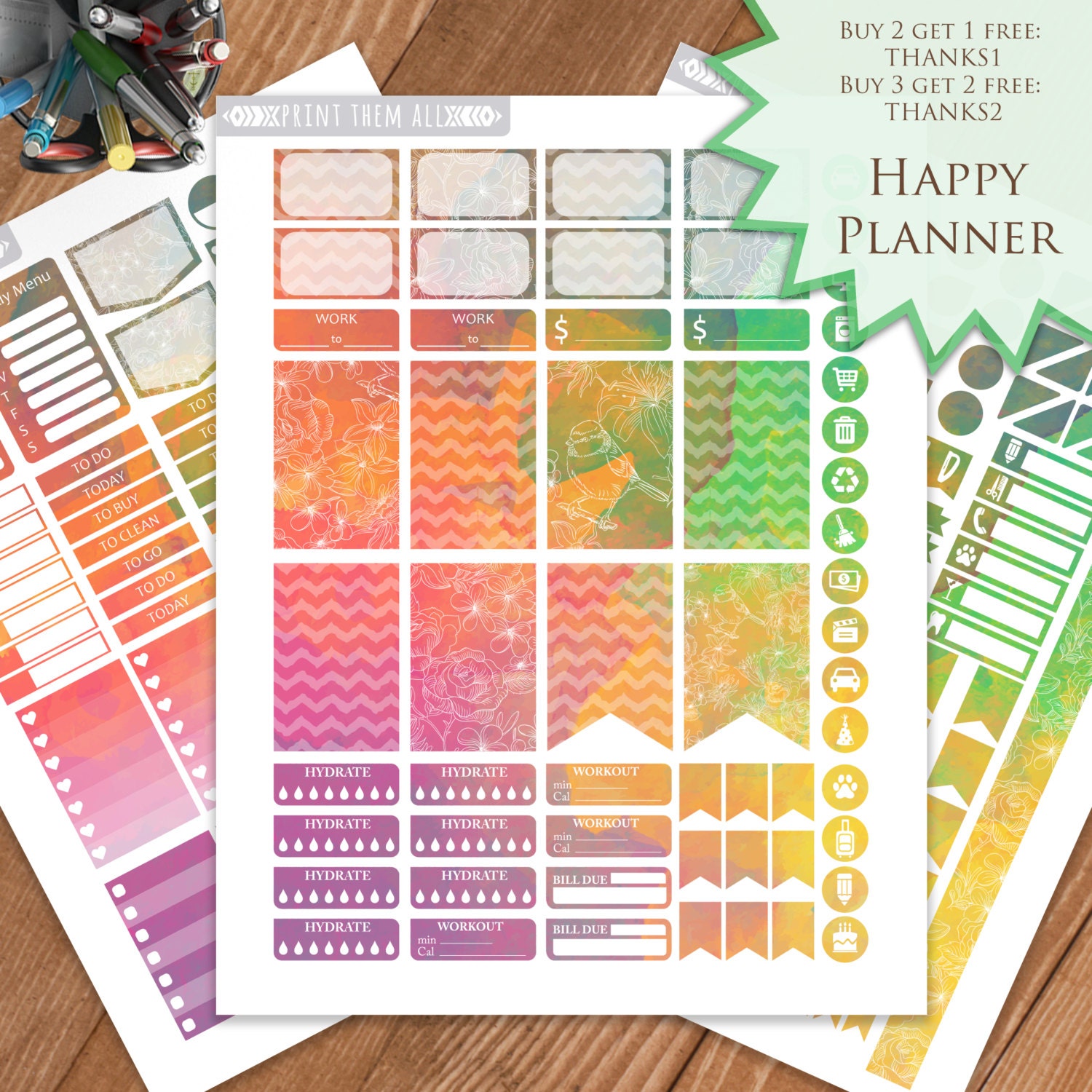Watercolor Planner Stickers Printable Happy Planner Monthly | Etsy