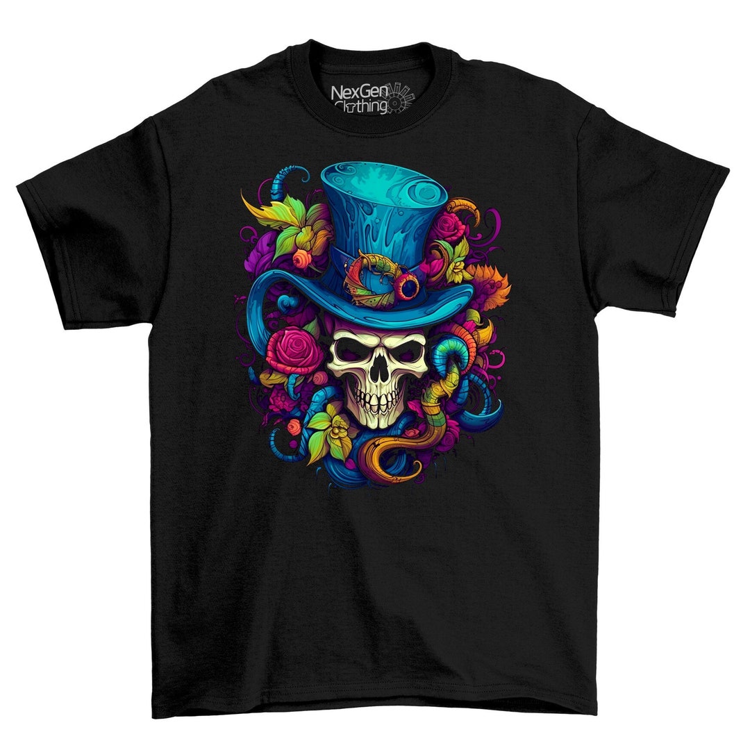 Psychedelic Pirate Skull T-shirt Tee Top Men's Black Cotton Shirt Mens ...