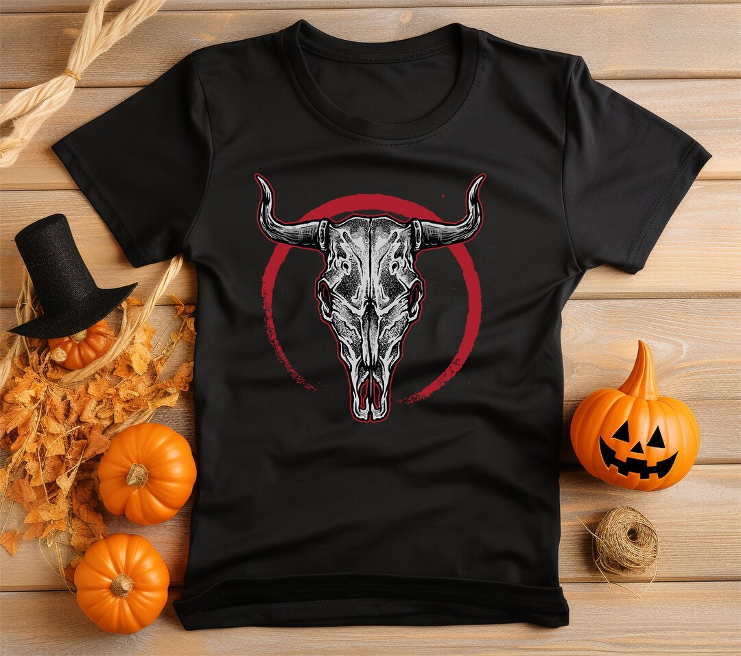 Satan Cow Skull Halloween T-shirt: Vibrant Graphic Print Black Cotton ...