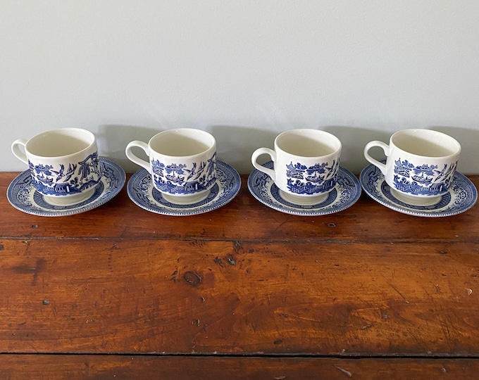 Set of 4 Blue Willow Cups and Saucers - Etsy