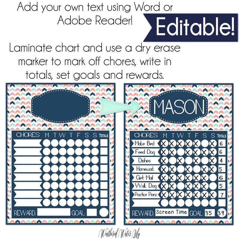 Point System Chore Chart Printable Personalized - Navy, Peach, Mint ...