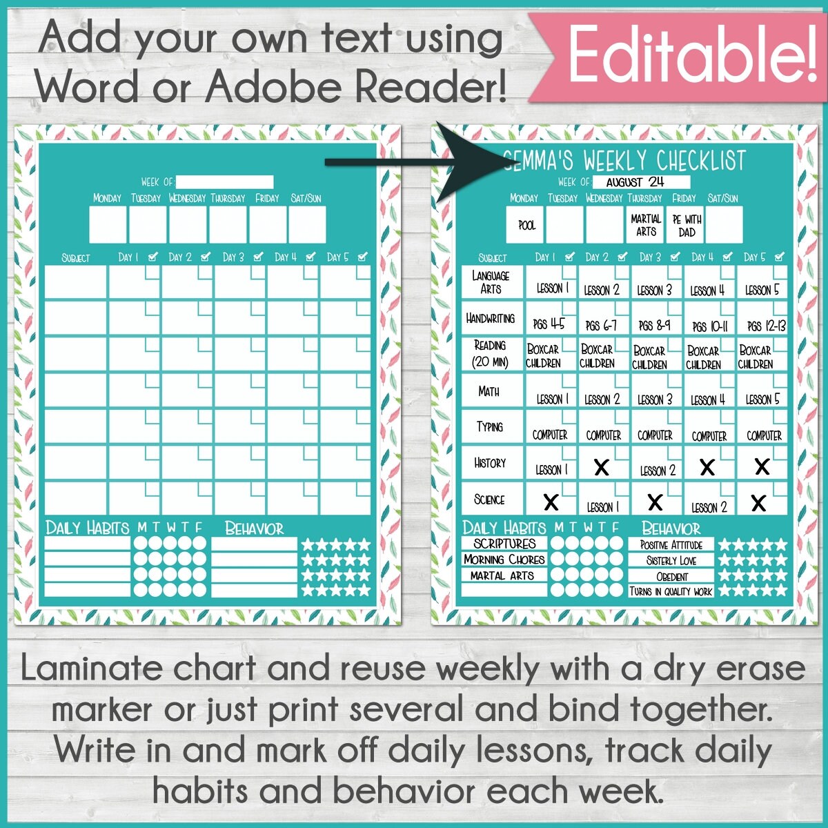 5 Day Homeschool Weekly Checklist, Editable Homeschool Planner, Digital ...