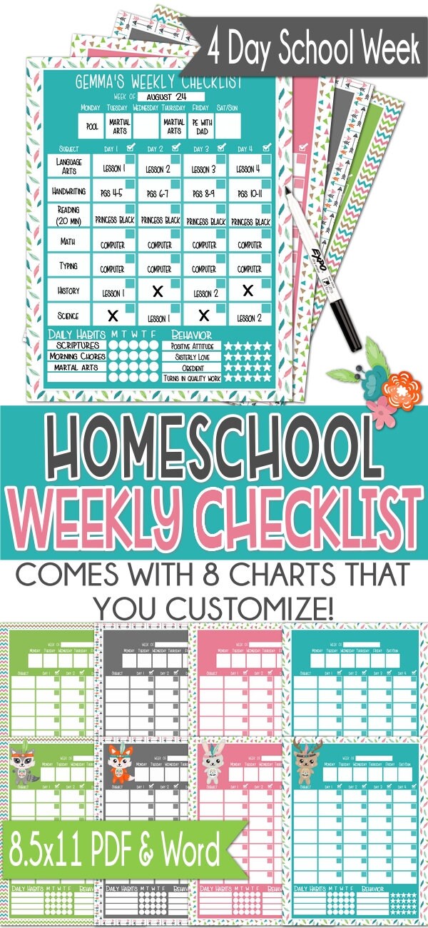 4 Day Homeschool Weekly Checklist Editable Homeschool - Etsy