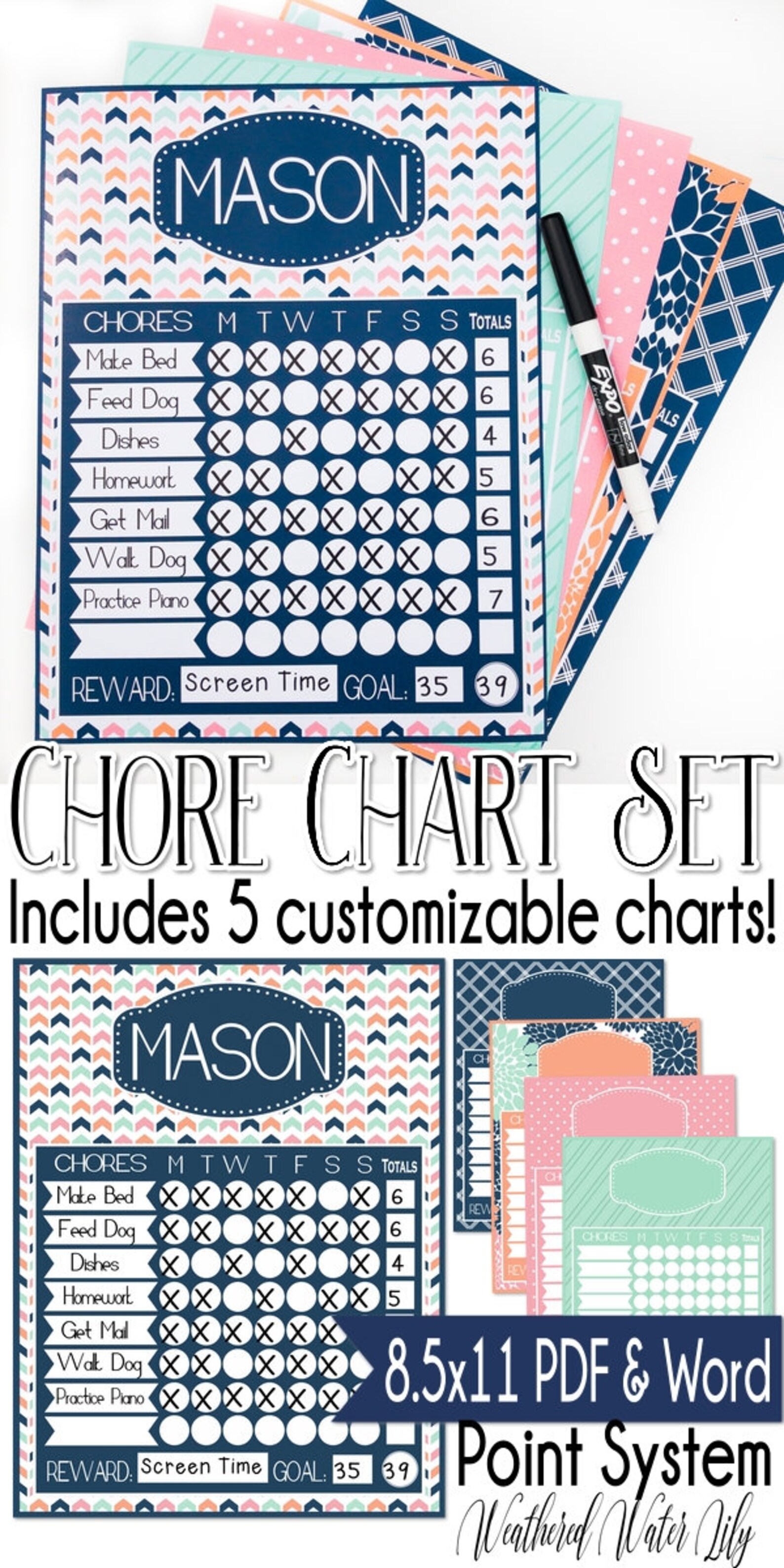 Point System Chore Chart Printable Personalized - Navy, Peach, Mint ...