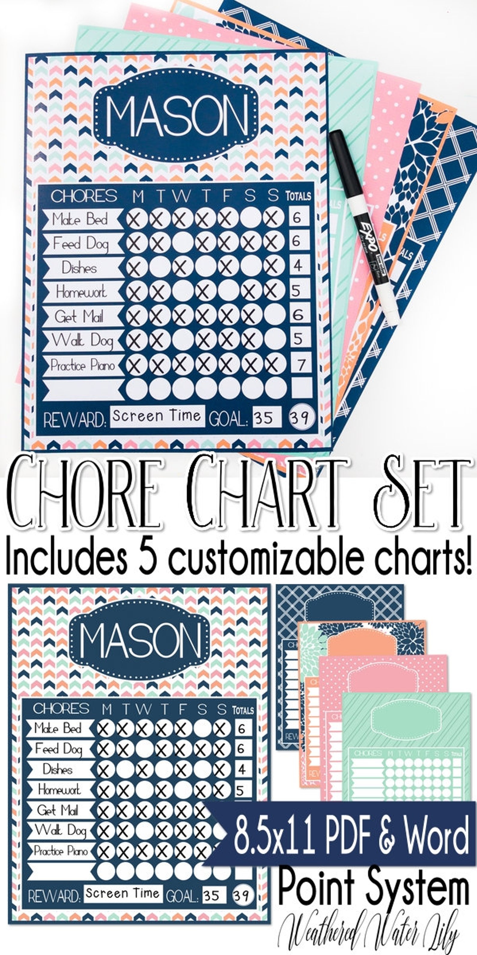 Point System Chore Chart Printable Personalized Navy Peach Mint Point System Chore Chart Printable Personalized Navy Peach Mint