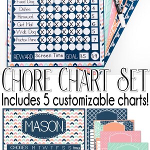 Point System Chore Chart Printable Personalized - Navy, Peach, Mint ...
