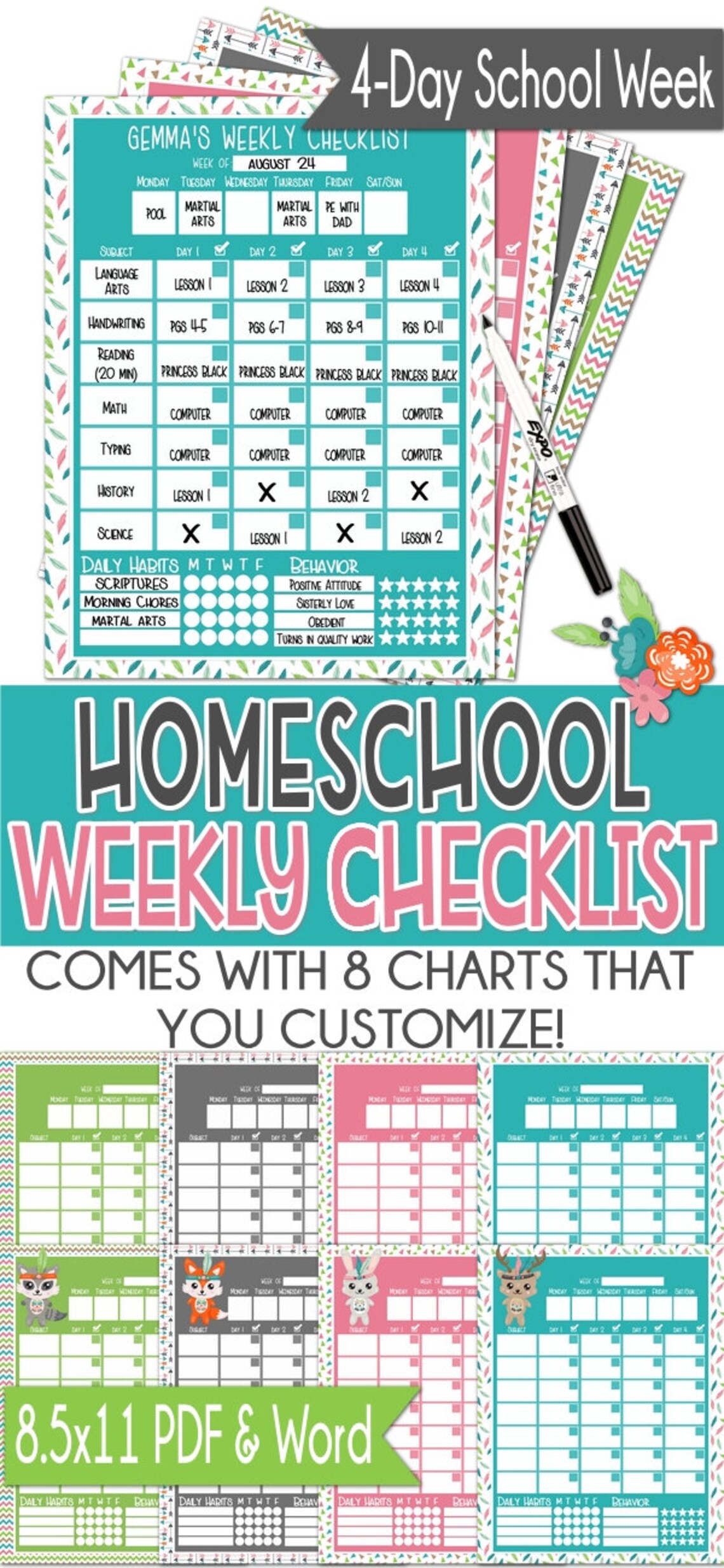 4 Day Homeschool Weekly Checklist, Editable Homeschool Planner, Digital ...