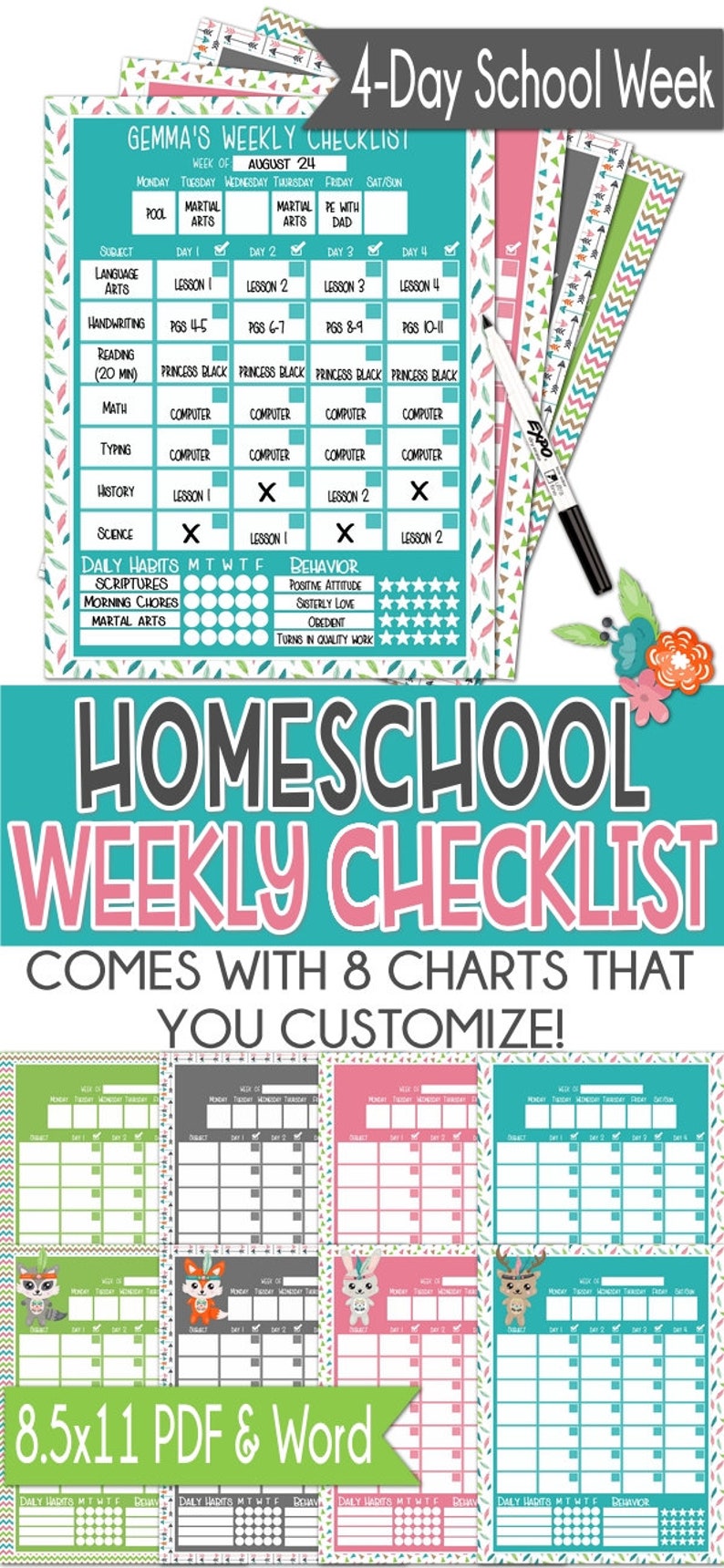 4 Day Homeschool Weekly Checklist, Editable Homeschool Planner, Digital ...