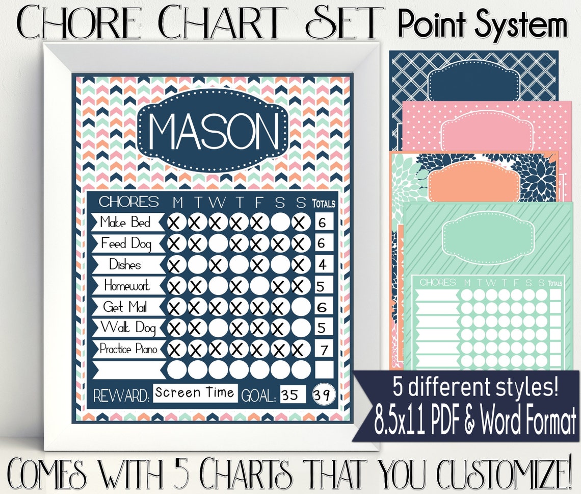 Point System Chore Chart Printable Personalized Navy Peach - Etsy