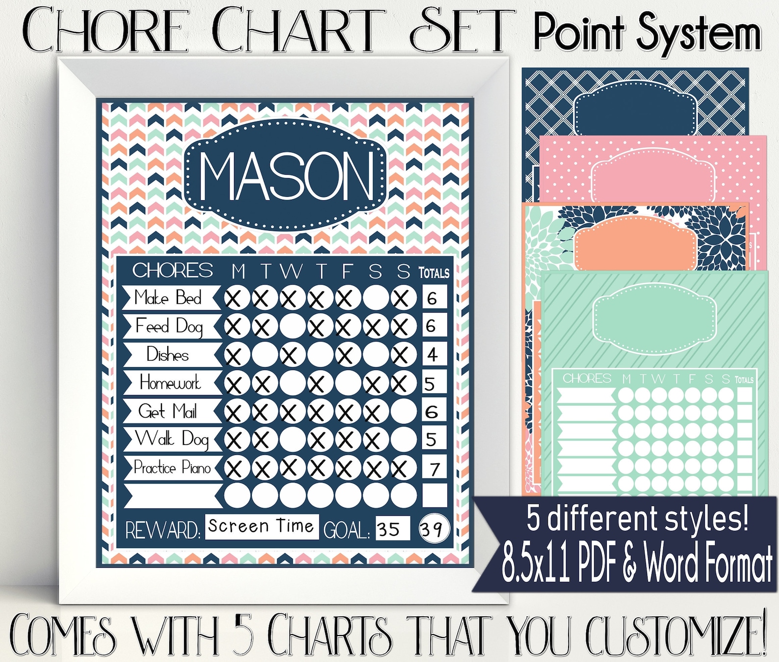 Point System Chore Chart Printable Personalized - Navy, Peach, Mint ...