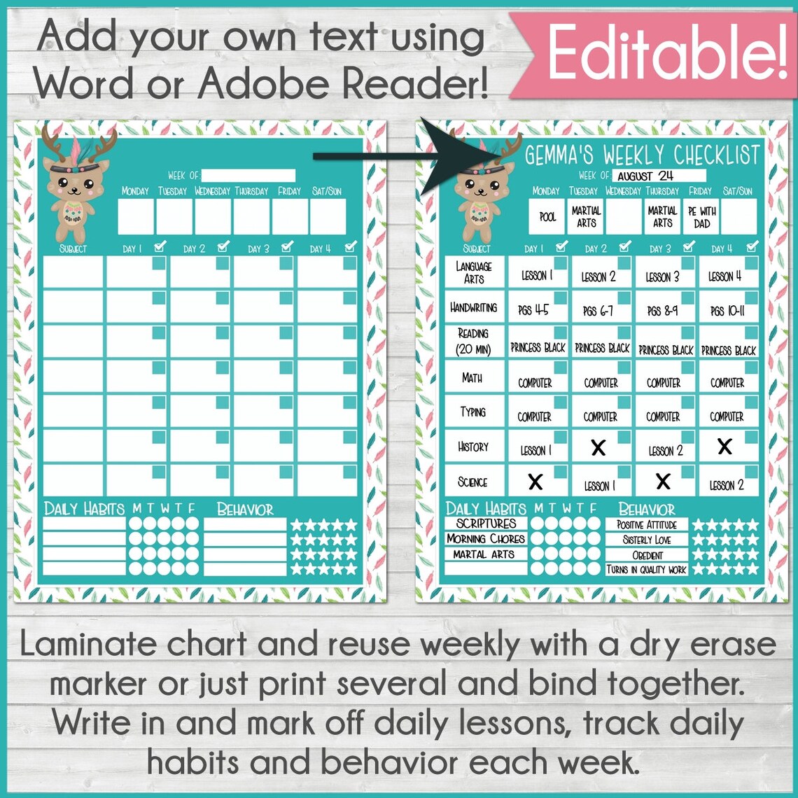4 Day Homeschool Weekly Checklist, Editable Homeschool Planner, Digital ...