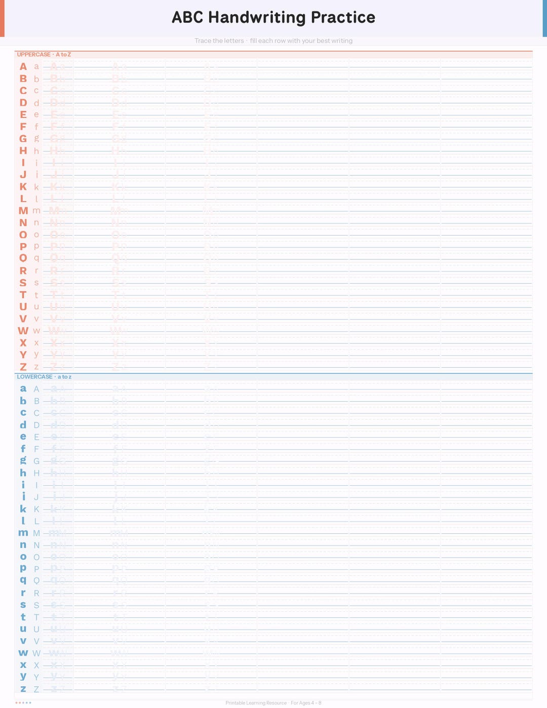 ABC Handwriting Practice Worksheet Printable | Alphabet Tracing Sheet ...