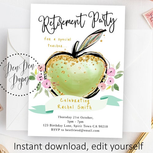 Editable Teacher Retirement Invitation Apple Retirement - Etsy