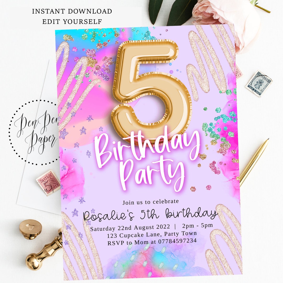Editable 5th Birthday Party Invite, Helium Balloon, Pink Sparkle ...