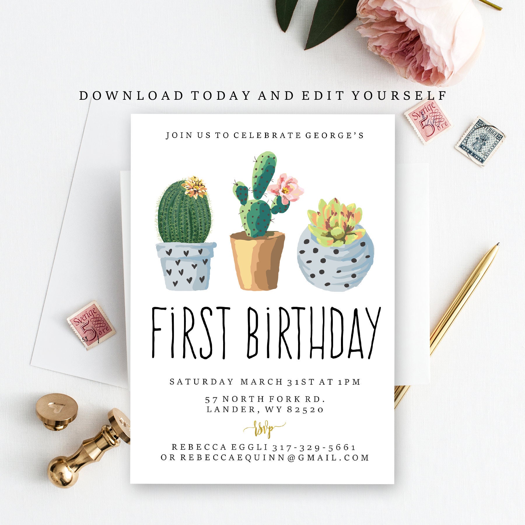 Invitations & Announcements Paper Digital Cactus girl birthday invite ...