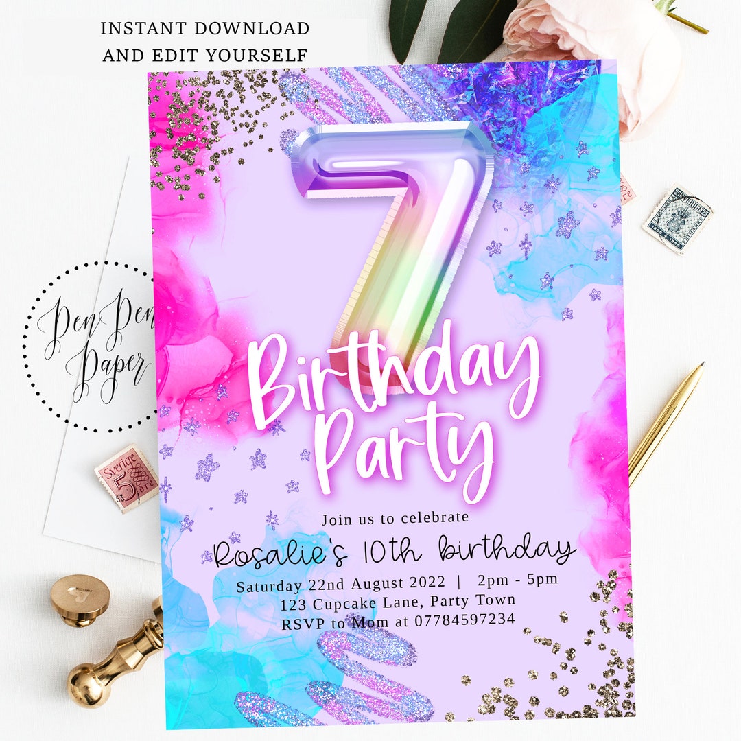 Editable 7 Seven Girl Birthday Party Invitation, Pink Sparkle, Rainbow ...