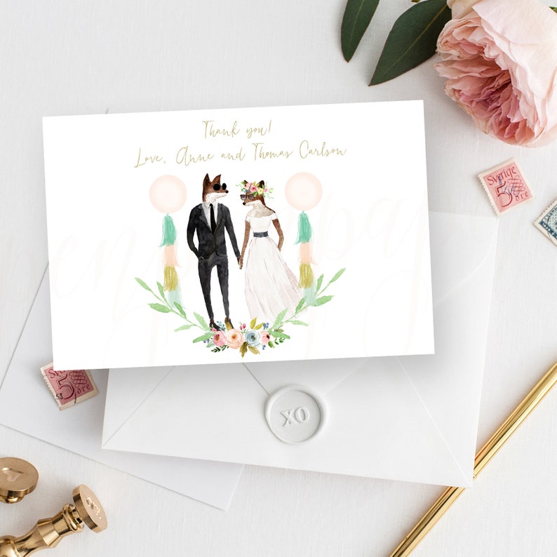 Fox Bride and Groom Thank You Note Woodland Wedding | Etsy
