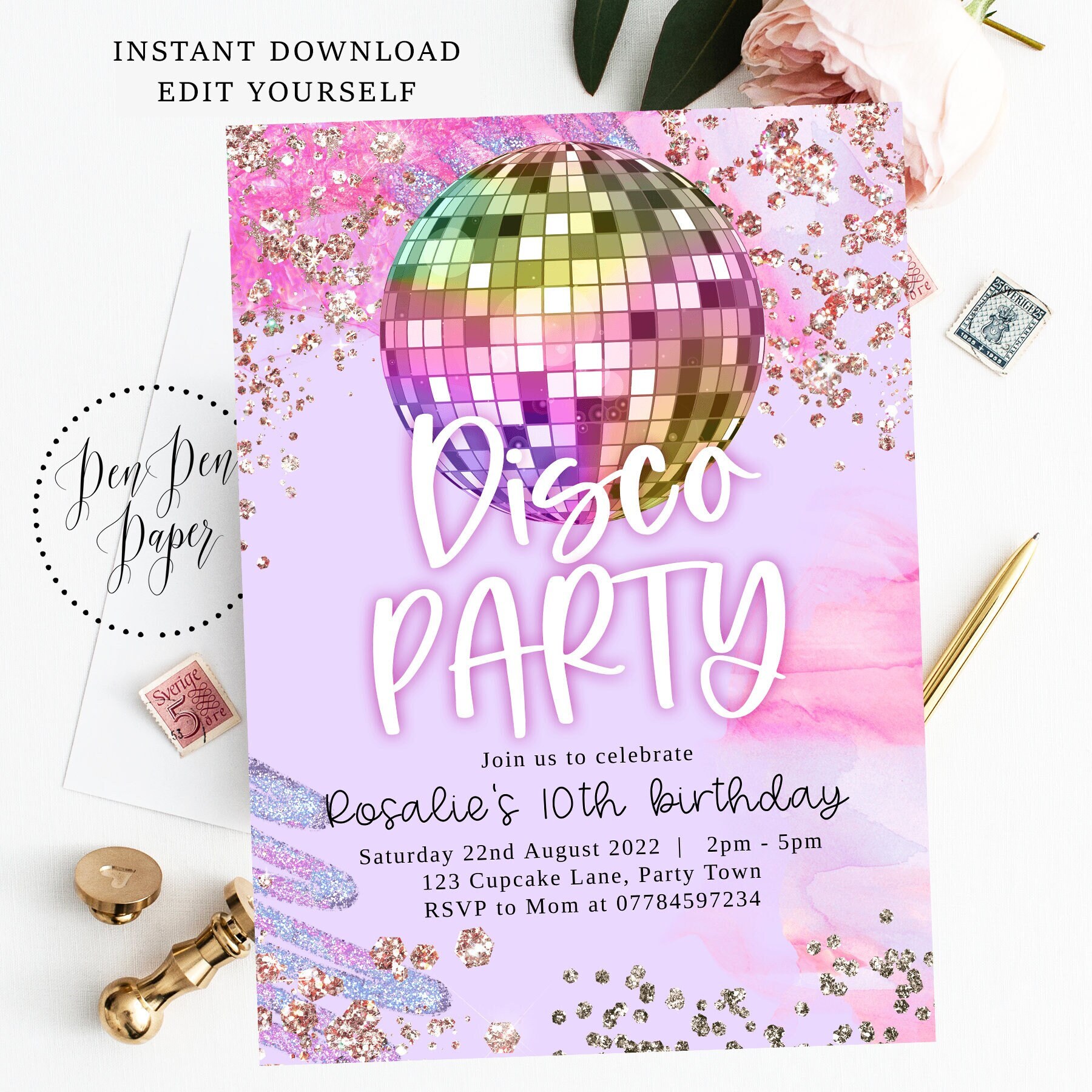 Editable Dance Party Invite, Disco Party Invite, Purple Sparkle ...