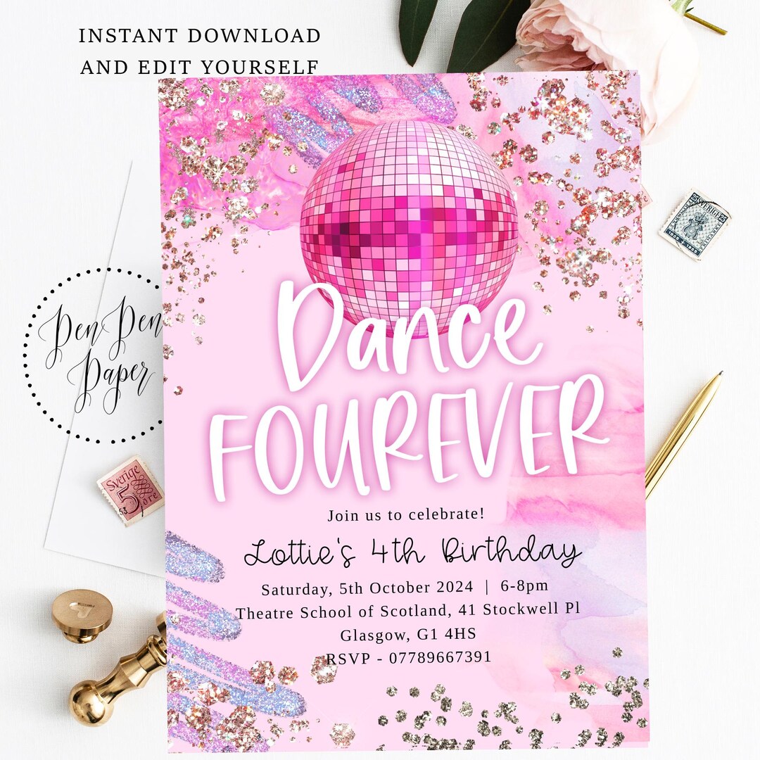 Editable Disco Party Invite, Pink and Rainbow, Dance Fourever, Rainbow ...