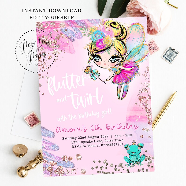 Editable Fairy Party Invite Flutter and Twirl Invite Pink - Etsy