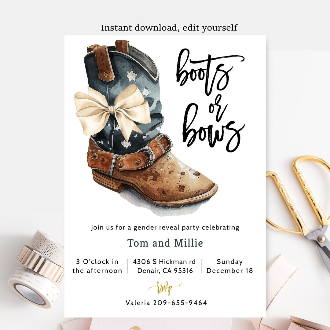 Boots or Bows, Gender Reveal Invite, Printable, Edit Yourself ...