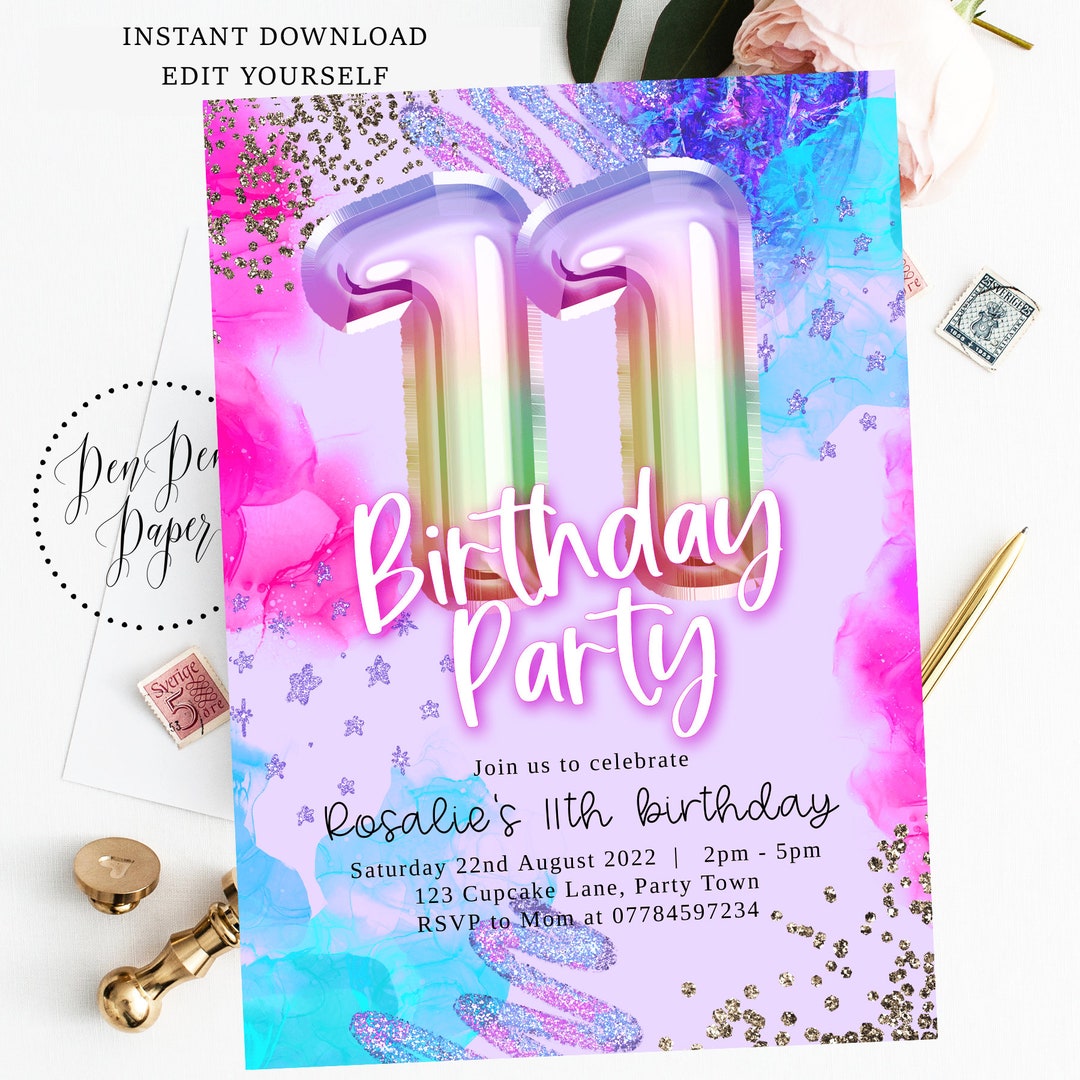 Editable 11 Eleven Girl Birthday Party Invitation, Pink Sparkle ...