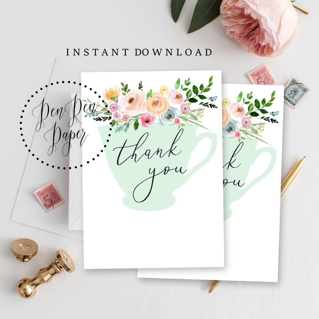 INSTANT DOWNLOAD, Thank You Note, Afternoon Tea, Teacup, Mint Green ...