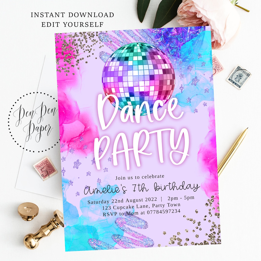 Editable Dance Party Invite, Disco Party, Purple Sparkle, Pink ...
