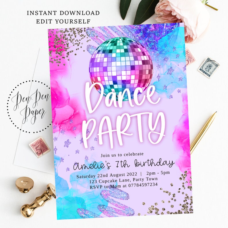 Editable Dance Party Invite Disco Party Purple Sparkle Pink - Etsy