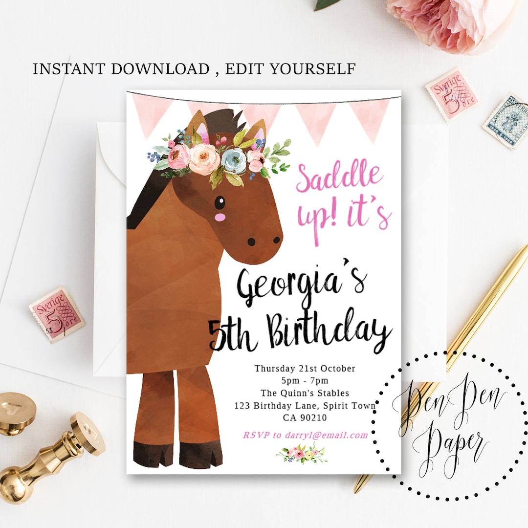 INSTANT DOWNLOAD Horse Birthday Invite Personalized - Etsy