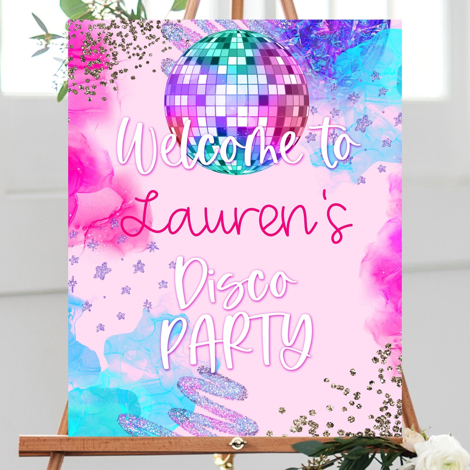 Editable Disco Party Welcome Sign Pink Sparkle Pink - Etsy