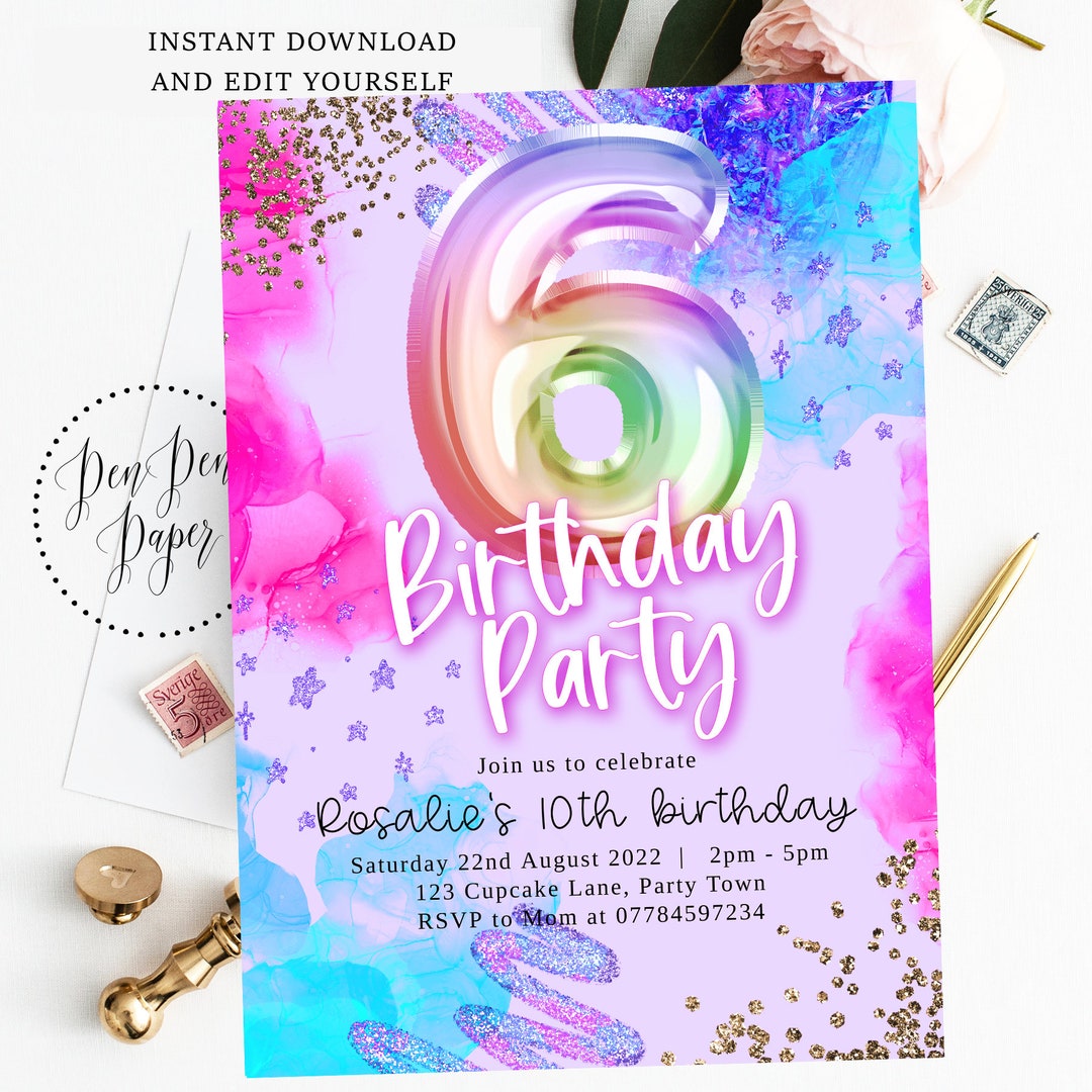 Editable 6 Six Girl Birthday Party Invitation, Pink Sparkle, Rainbow ...