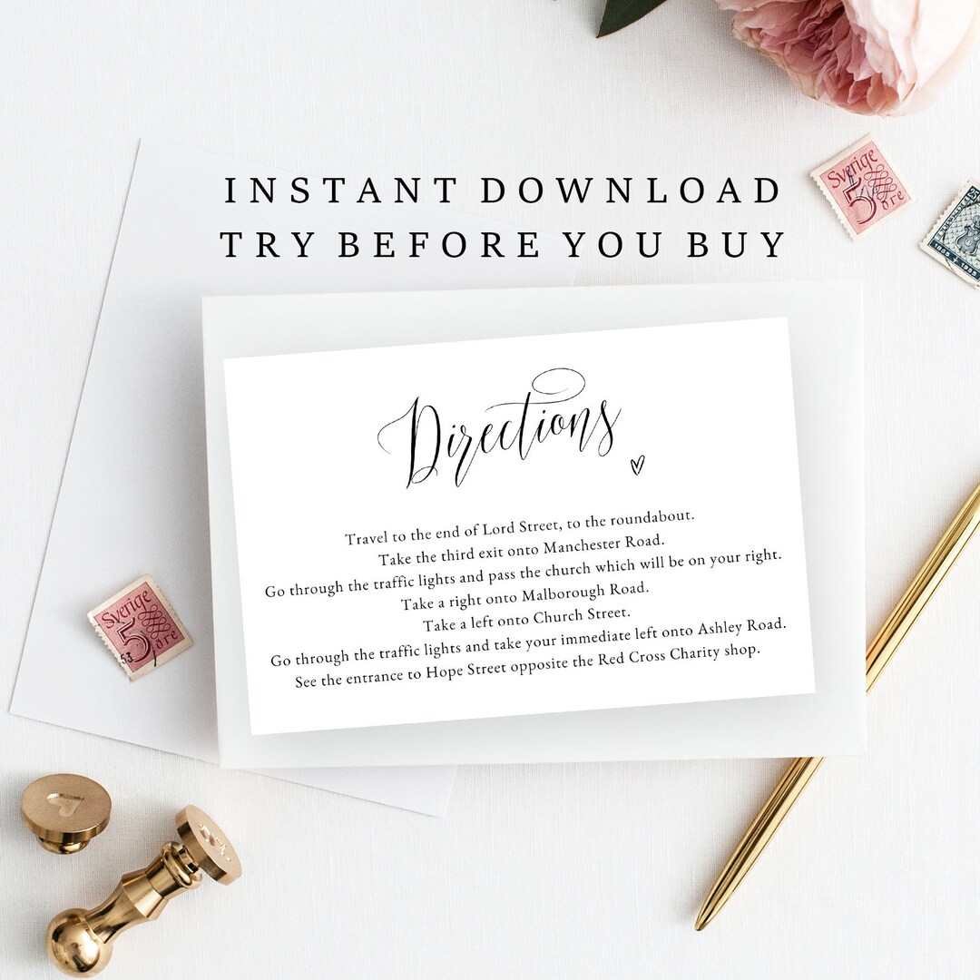 Directions Card Template, Printable Directions Card, Wedding Guest ...