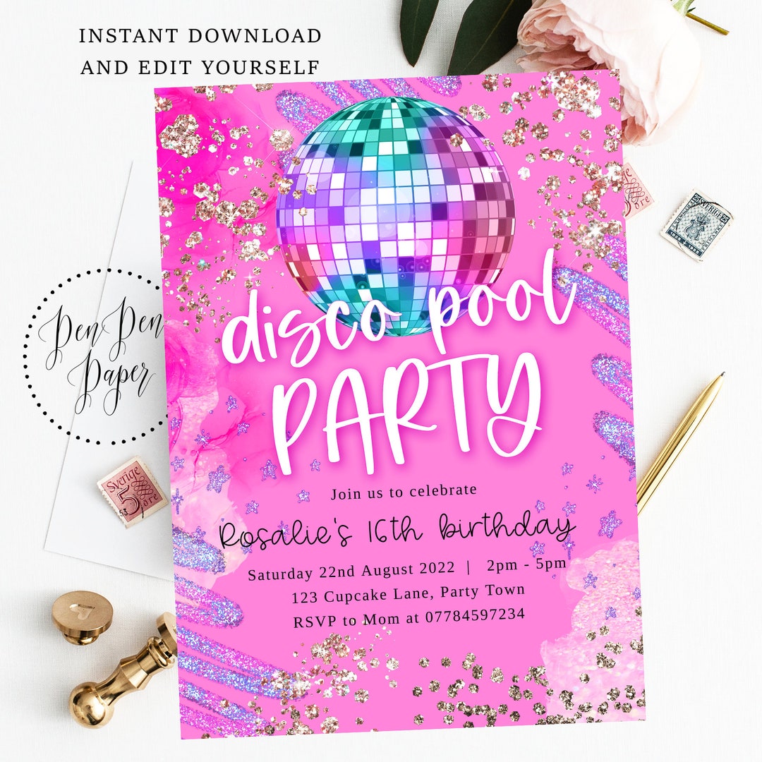 Editable Disco Pool Party Invite, Disco Party, Pink Purple Sparkle ...