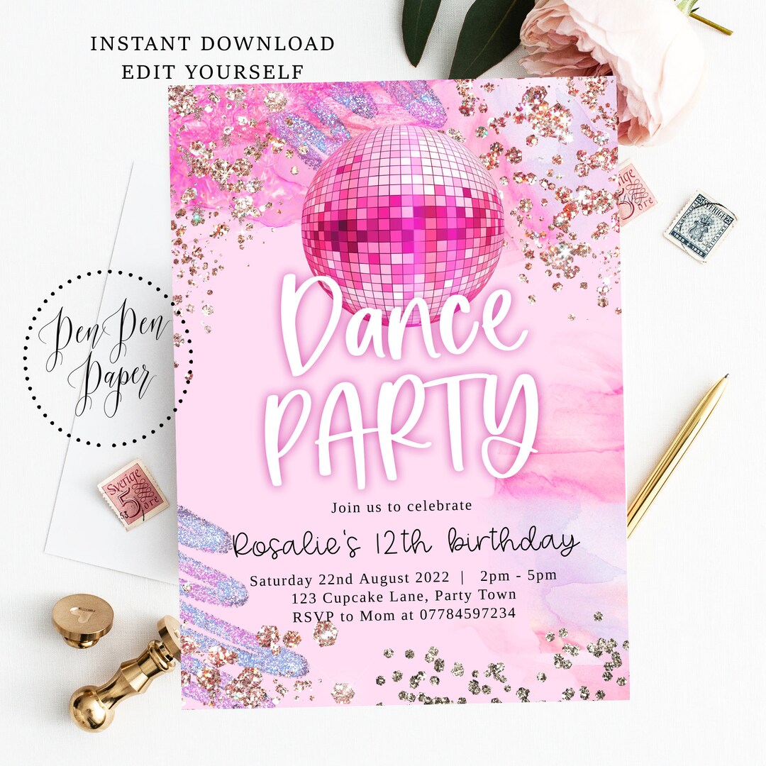 Editable Dance Party Invite, Disco Party Invite, Pink Sparkle, Pink ...