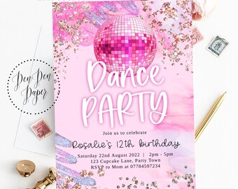 Editable Dance Party Invite, Disco Party Invite, Pink Sparkle, Pink ...