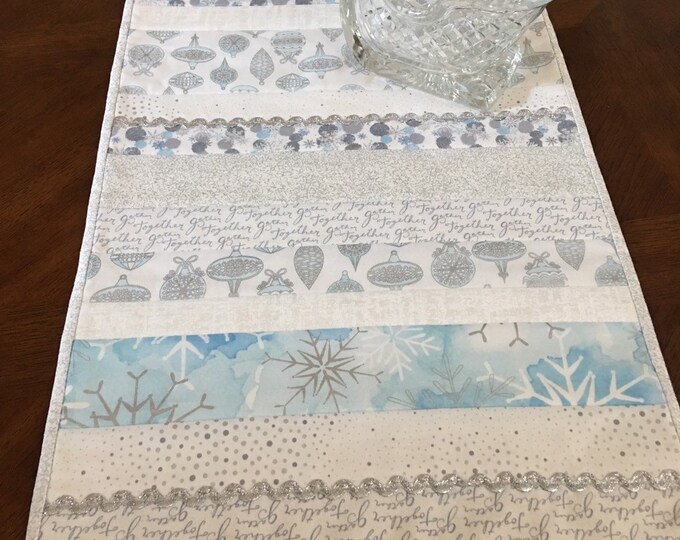 Silver and Blue Christmas Quilted Table Runner, Holiday Table Linens ...